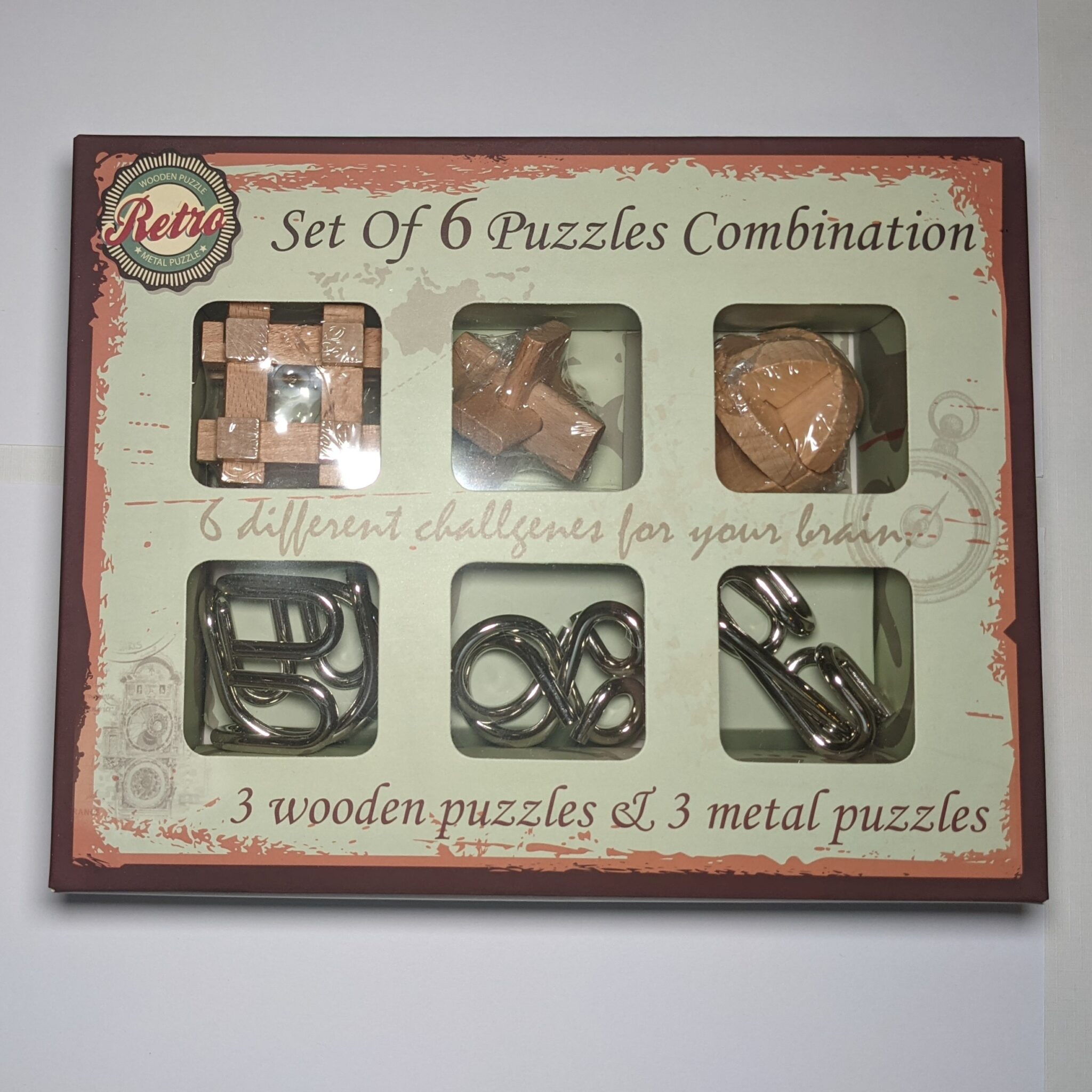 Wooden and Metal Puzzles - 3 of each in 1 Box - Mind Games