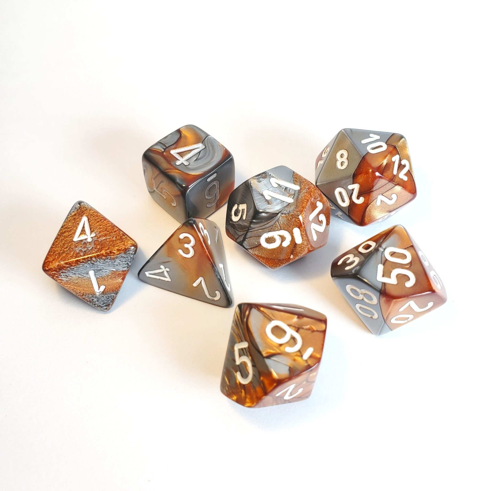 Dice Set - 4-20 - Gemini Copper-Steel w/White - Mind Games