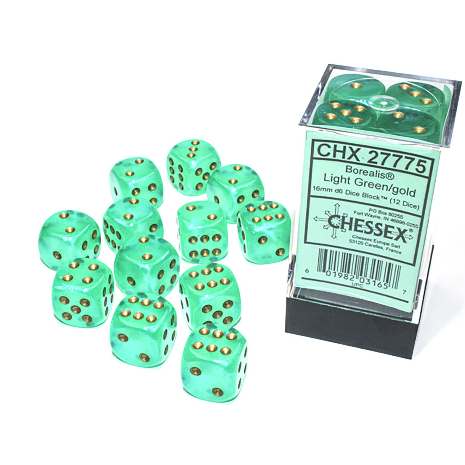 Dice Set - 12 x 16mm D6 - Borealis Light Green w/Gold - Mind Games