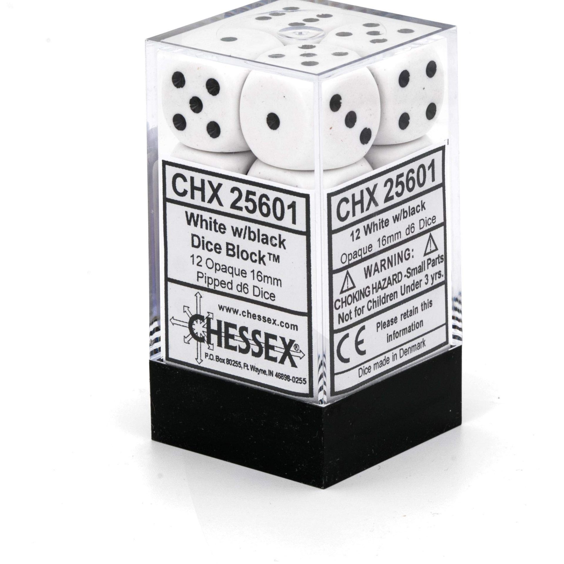 Dice Set - 12 x 16mm D6 - Opaque White w/Black - Mind Games